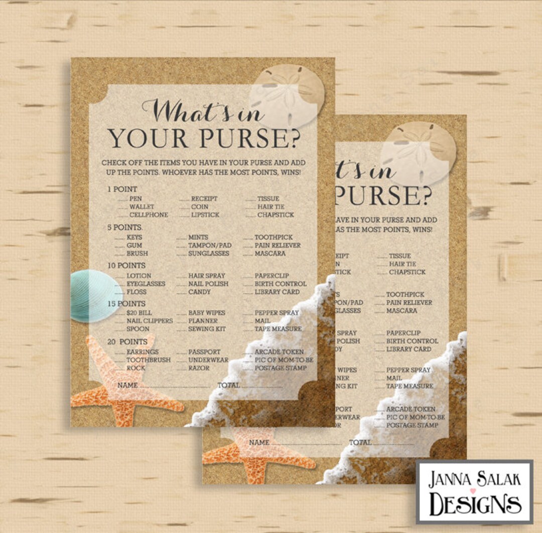 What's in Your Purse - Beach Baby Shower Games Bridal Shower Games DIY ...