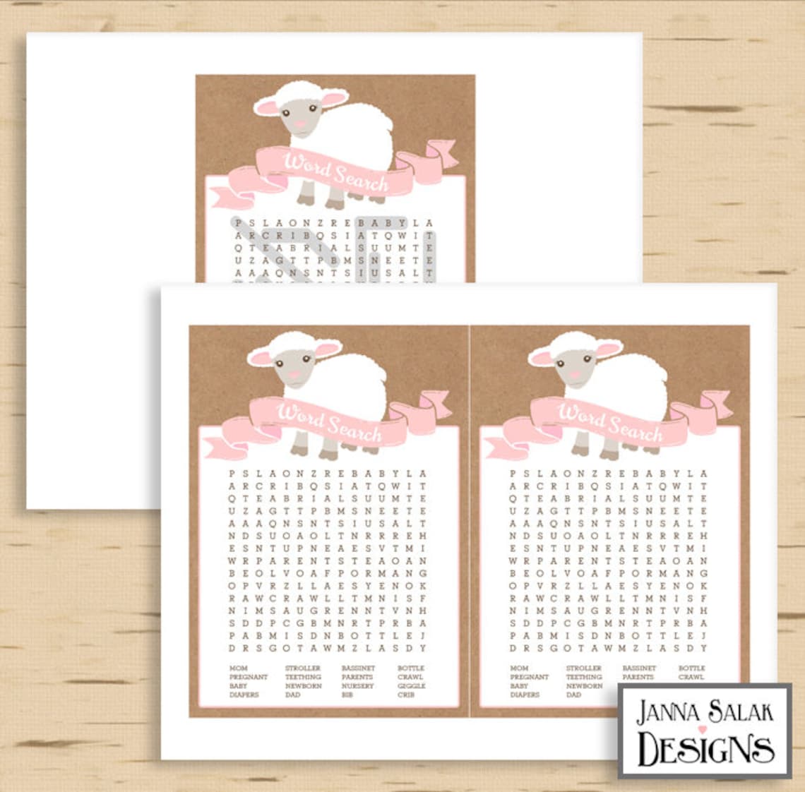 Little Lamb Word Search Baby Shower Game Party Pink DIY Printable ...