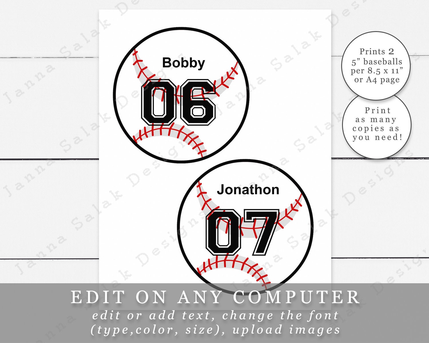 5" Baseballs With Editable Names and Numbers DIY Template Printable - Etsy