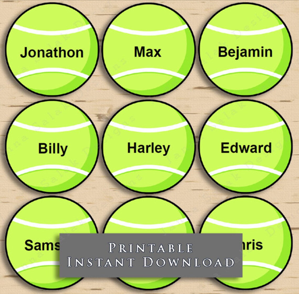 2.5" Tennis Ball Printable Cupcake Toppers Tags With Editable Names DIY ...