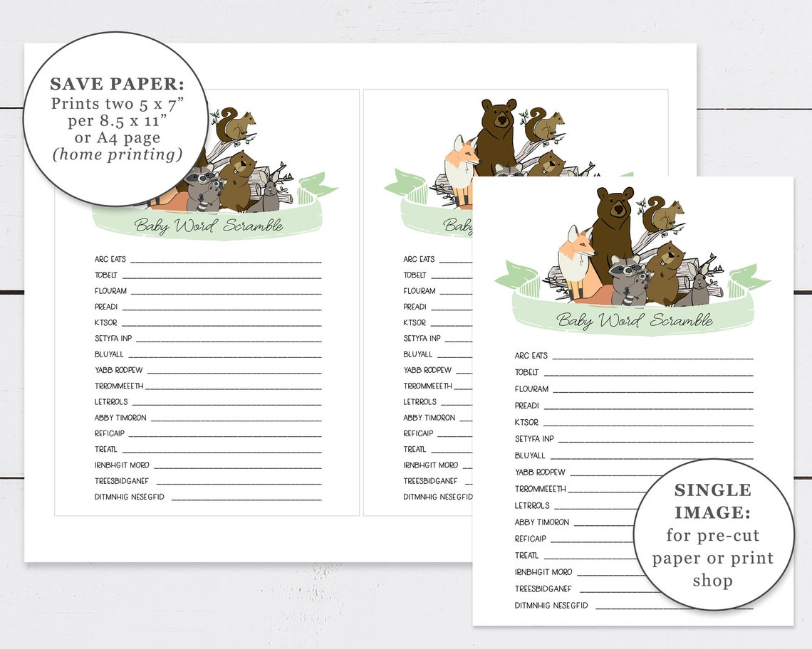 Woodland Baby Shower Word Scramble Game Printable Forest | Etsy
