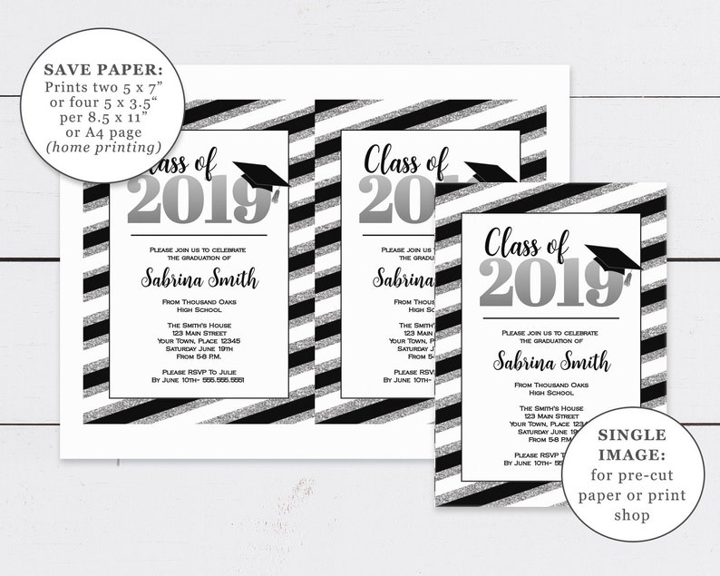 Black & Silver Glitter Graduation Invitation Template Grad Party 5x7 ...