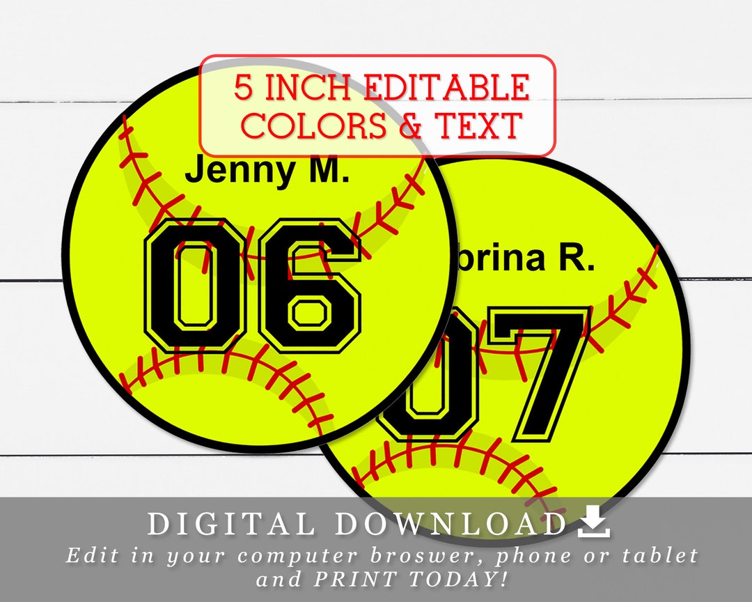 5" Softball Tags With Editable Names and Numbers DIY Template - Etsy
