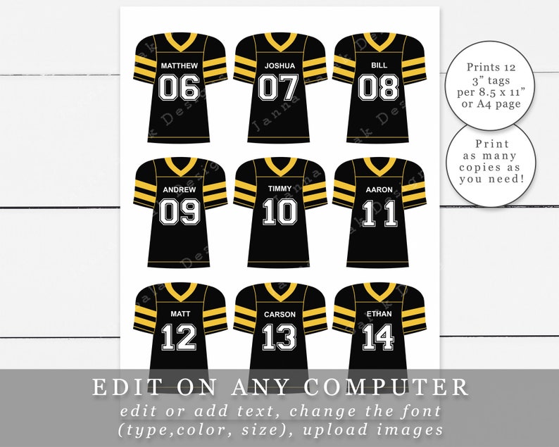 3" Football Jersey Tags With Editable Names Numbers and Colors DIY ...
