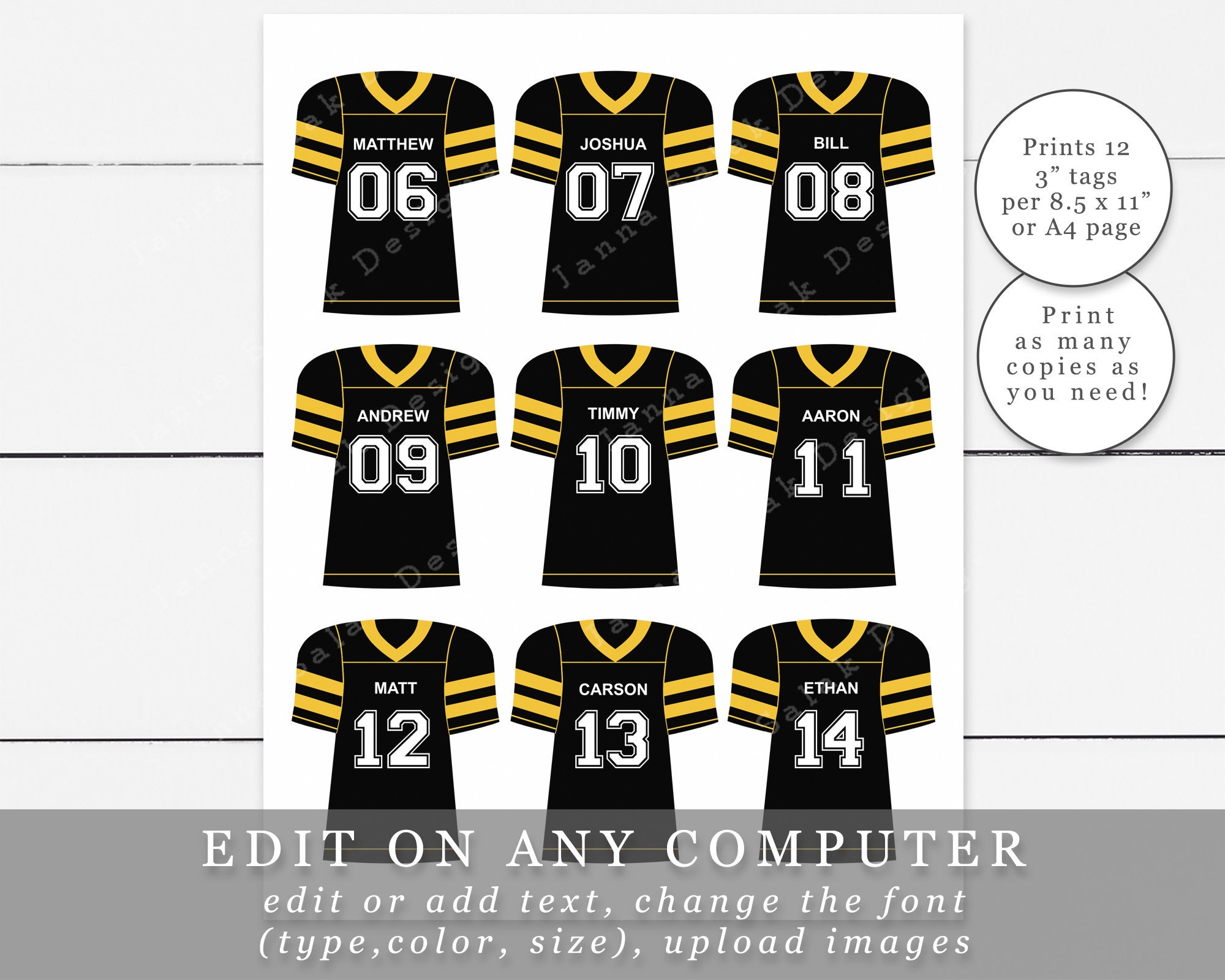 3" Football Jersey Tags With Editable Names Numbers and Colors DIY ...