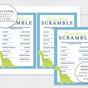 Dinosaur Baby Shower Word Scramble Game Printable - Dino Blue and Green ...