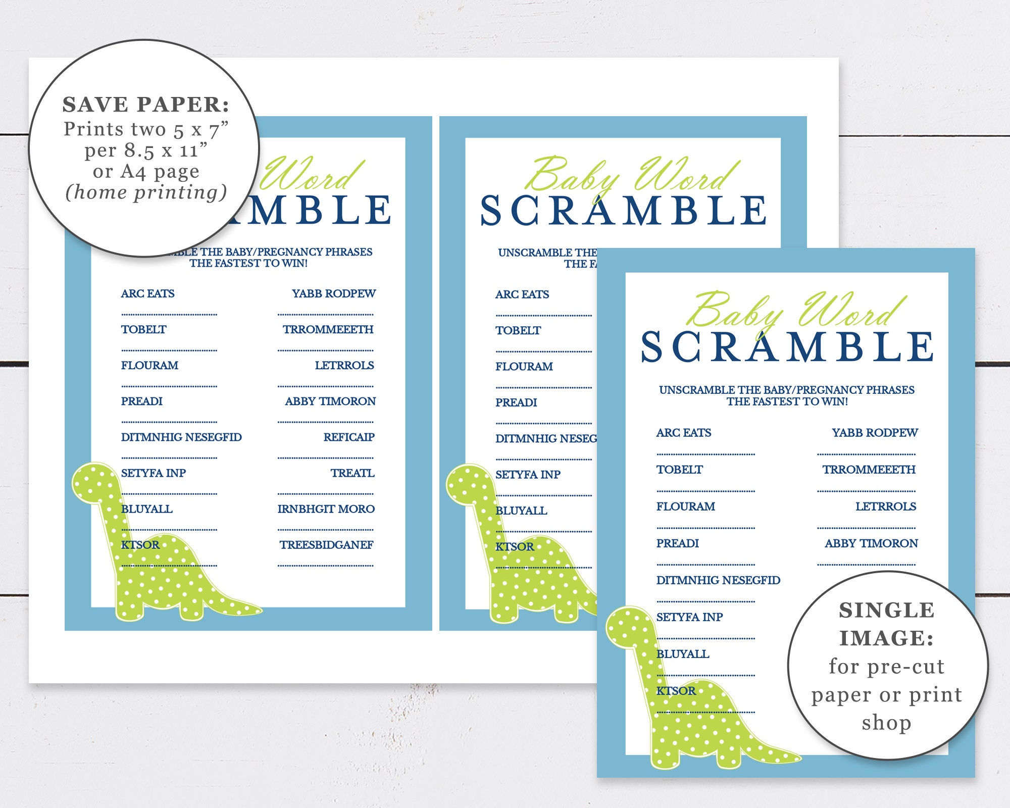 Dinosaur Baby Shower Word Scramble Game Printable - Dino Blue and Green ...