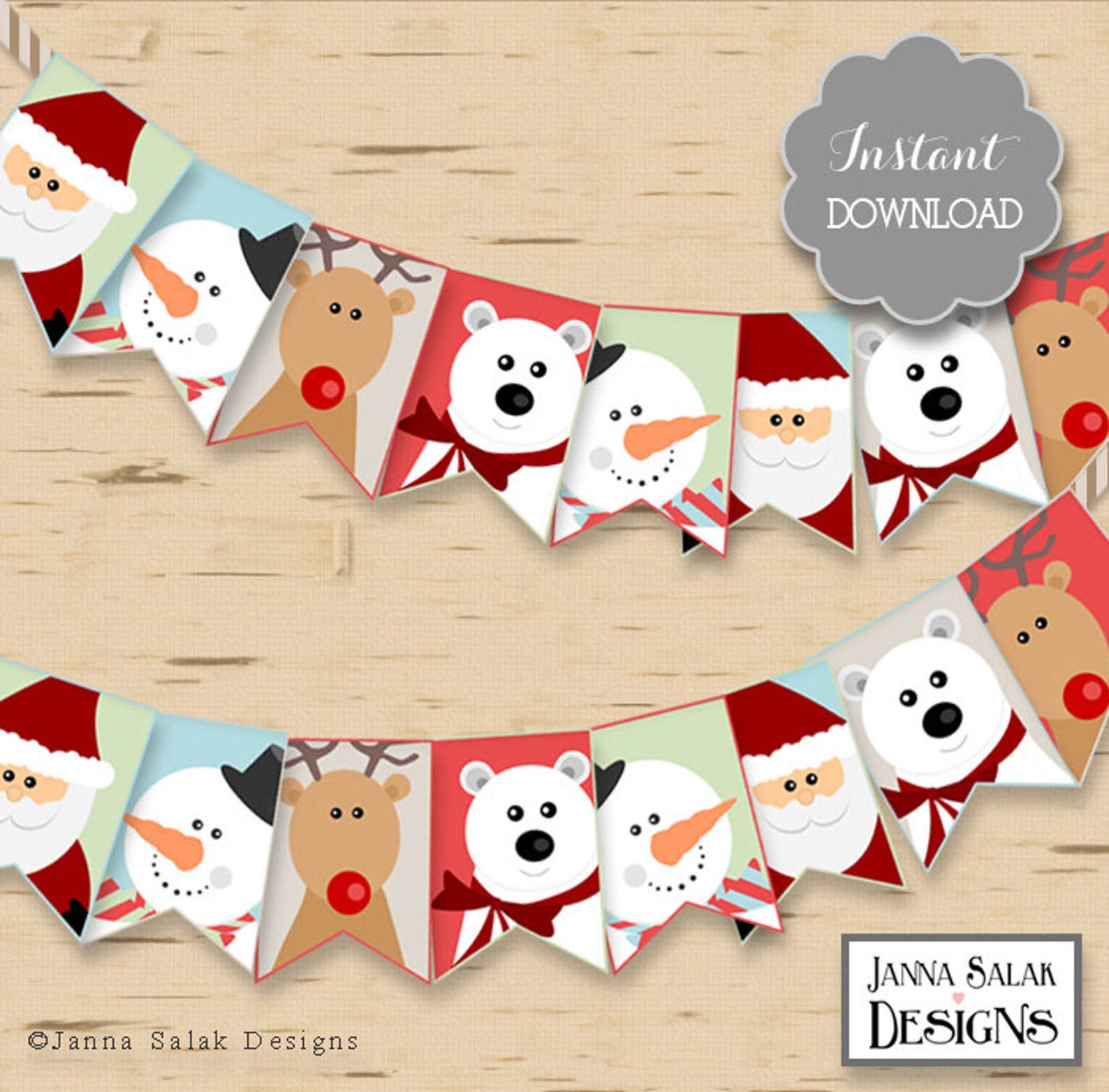 Cute Christmas Characters Printable Banner Flags INSTANT DOWNLOAD PDF ...