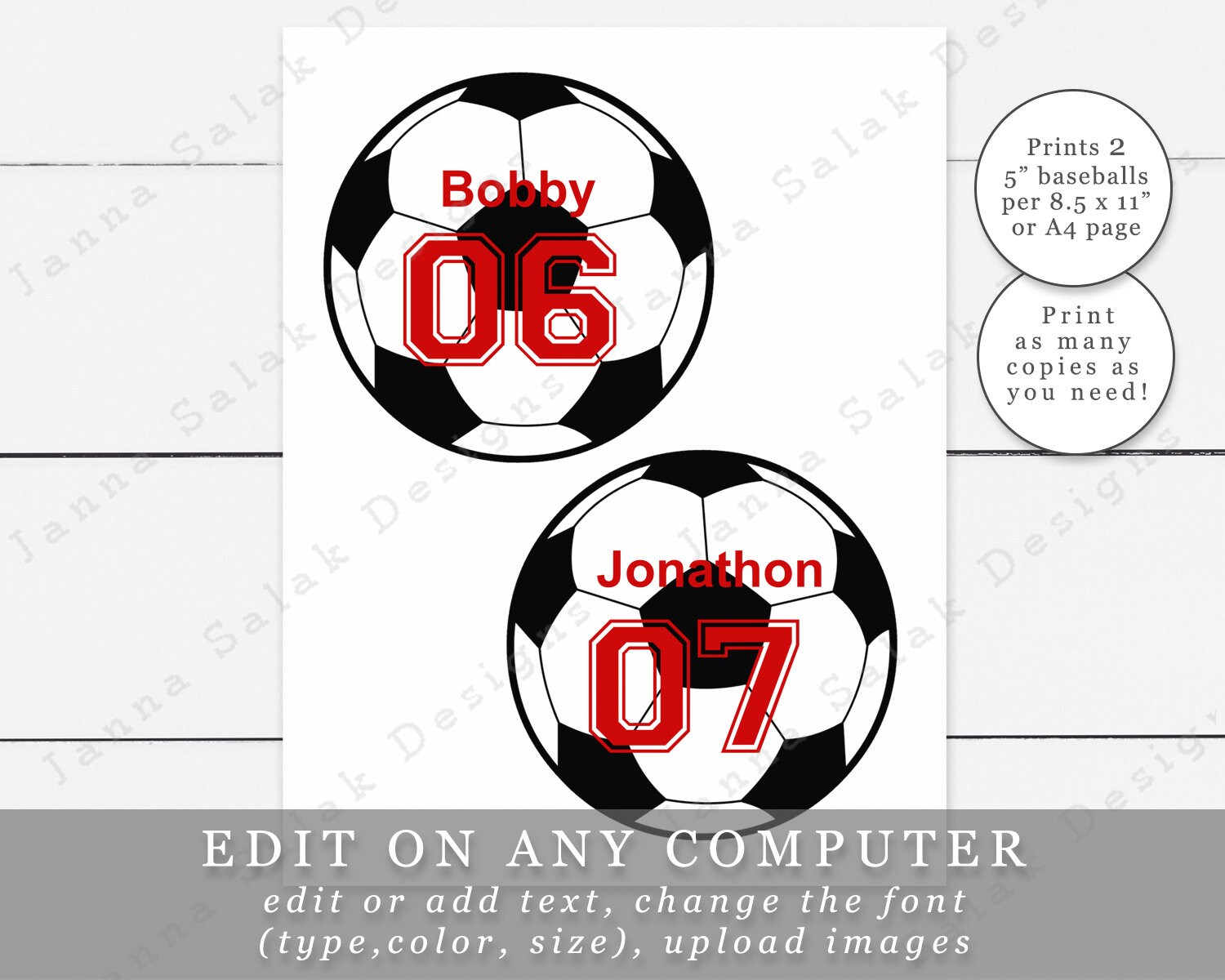 5" Soccer Balls With Editable Names and Numbers DIY Template Printable ...