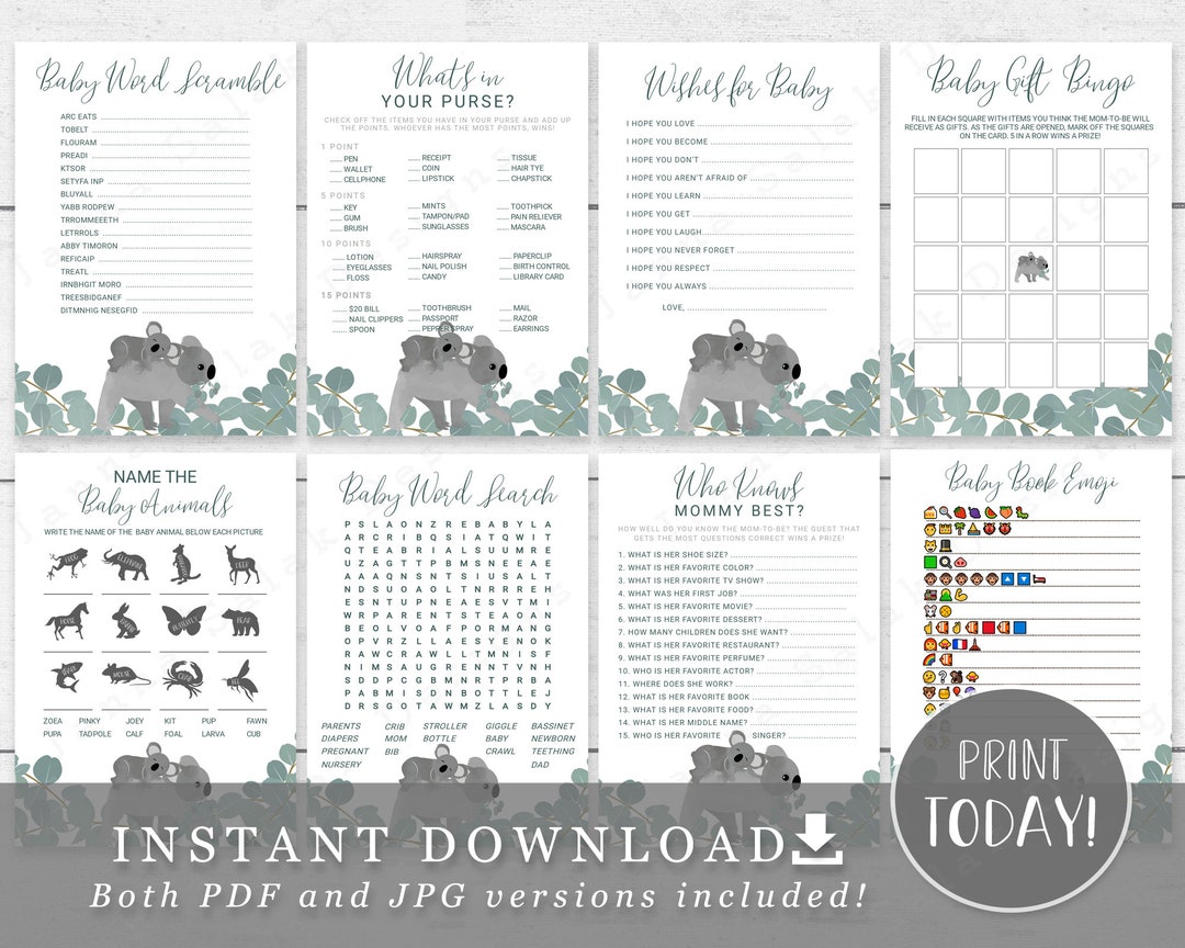 Koala Baby Shower Games Package Printable - 8 Games Included - DIY ...