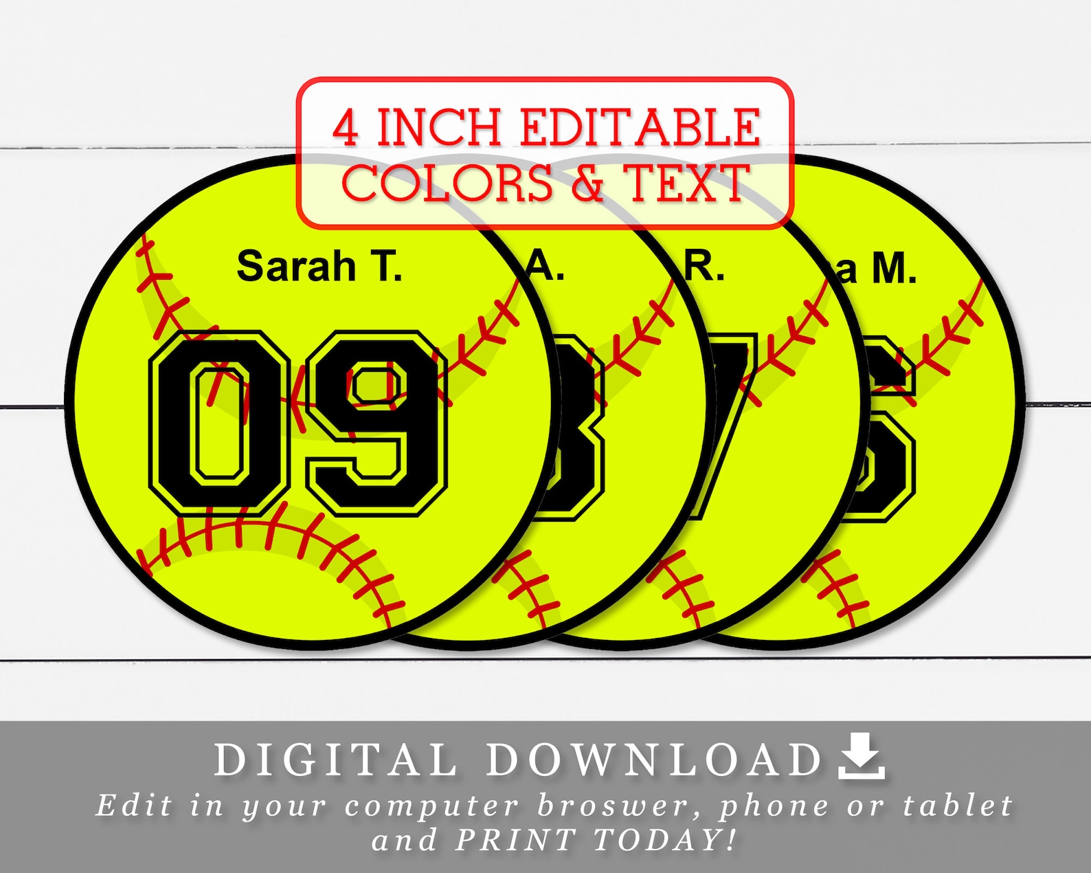 4" Softball Tags With Editable Names and Numbers DIY Template Printable ...