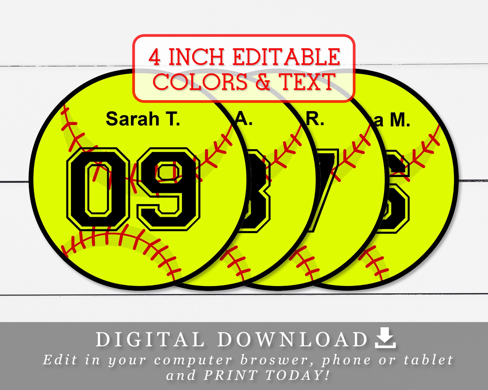 4" Softball Tags With Editable Names and Numbers DIY Template Printable ...