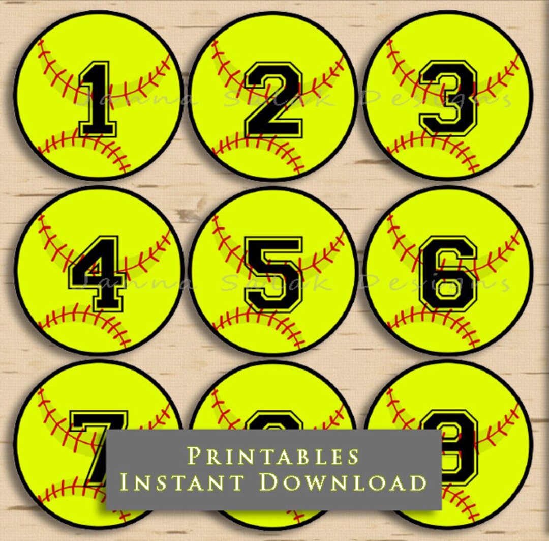 2.5" Softball Printable Cupcake Toppers Tags With Editable Numbers DIY ...