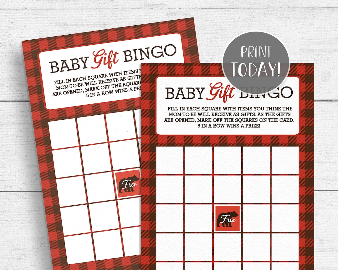 Lumberjack Baby Gift Bingo Game Printable - Buffalo Plaid Bear DIY ...