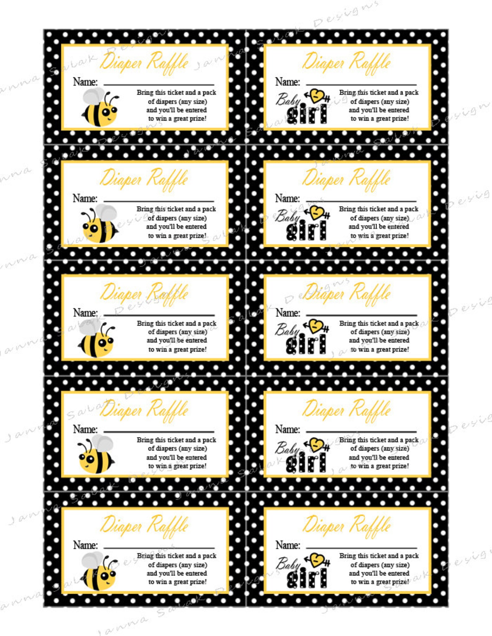 Bumble Bee Diaper Raffle Tickets INSTANT DOWNLOAD Printable Raffle ...