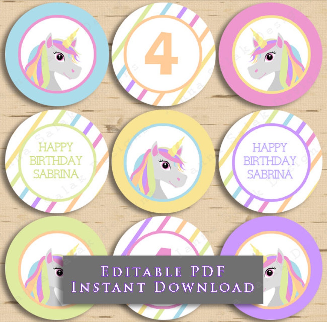Editable Unicorn Birthday Party Rainbow Cupcake Toppers Printable ...