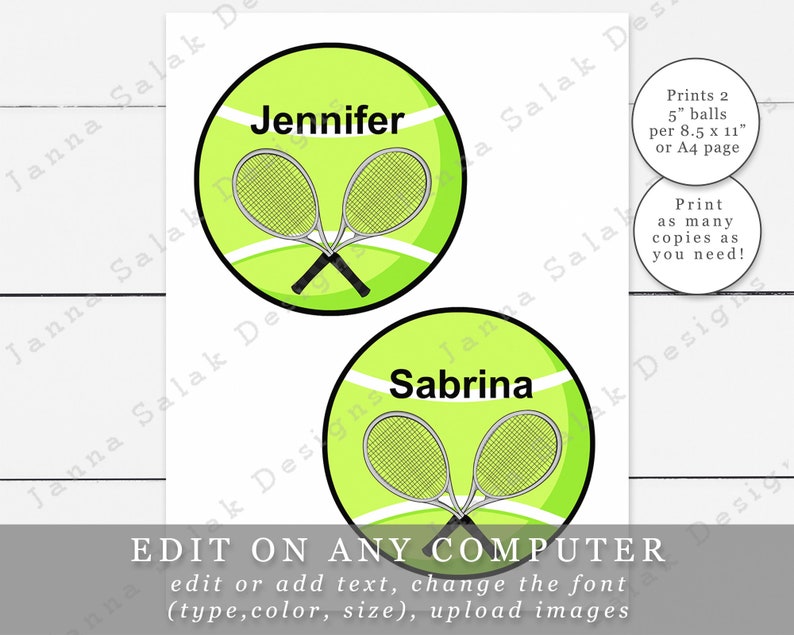 5" Tennis Balls With Editable Names and Rackets DIY Template Printable ...