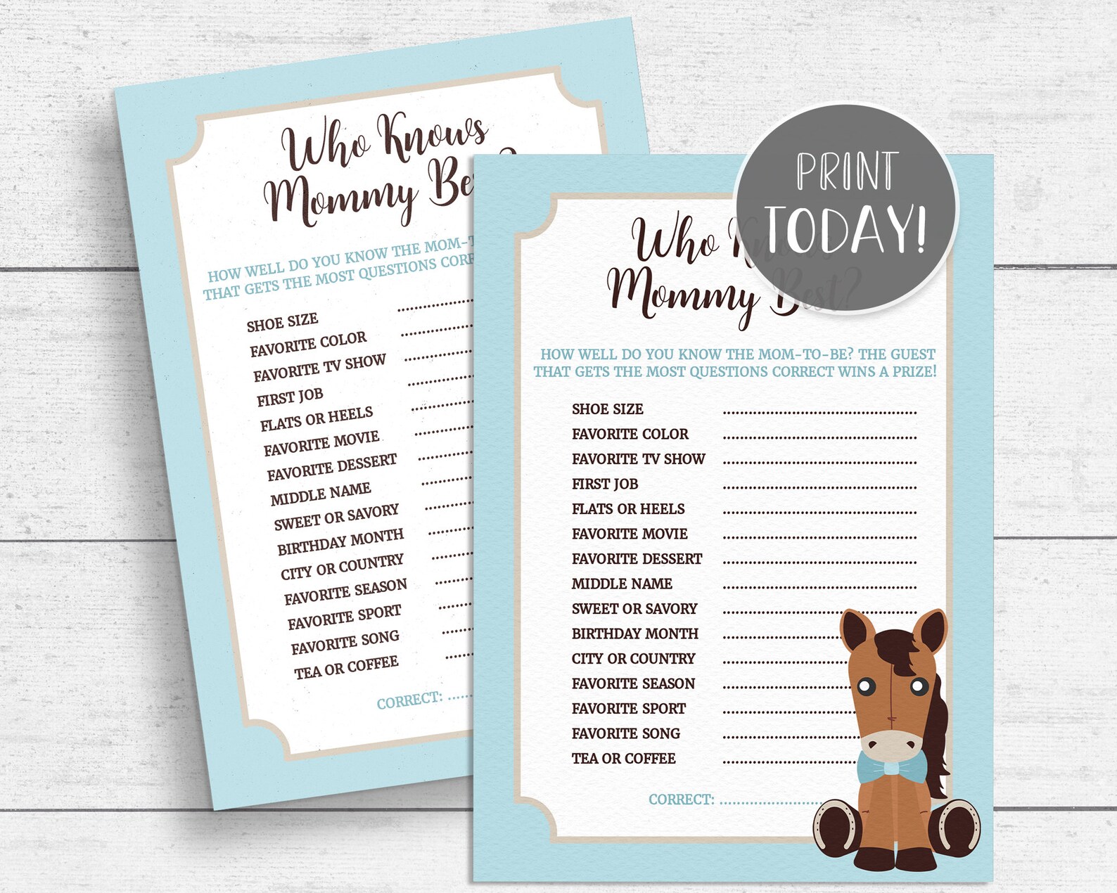 Horse Baby Shower Game Package Printable 10 Games Blue - Etsy