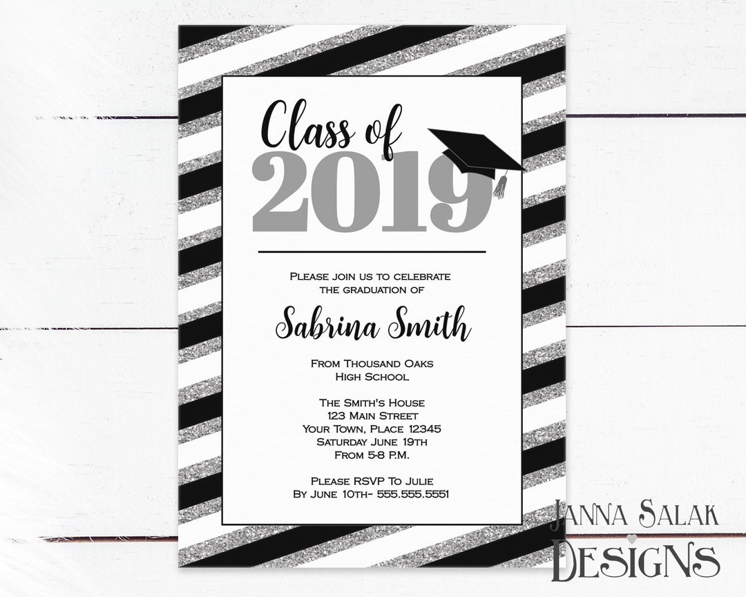 Black & Silver Glitter Graduation Invitation Template Grad Party 5x7 ...