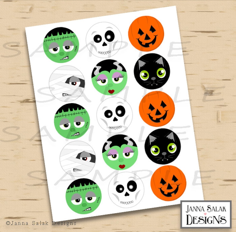 Cute Halloween Faces Printable Cupcake Toppers 2" Round Party Decor ...