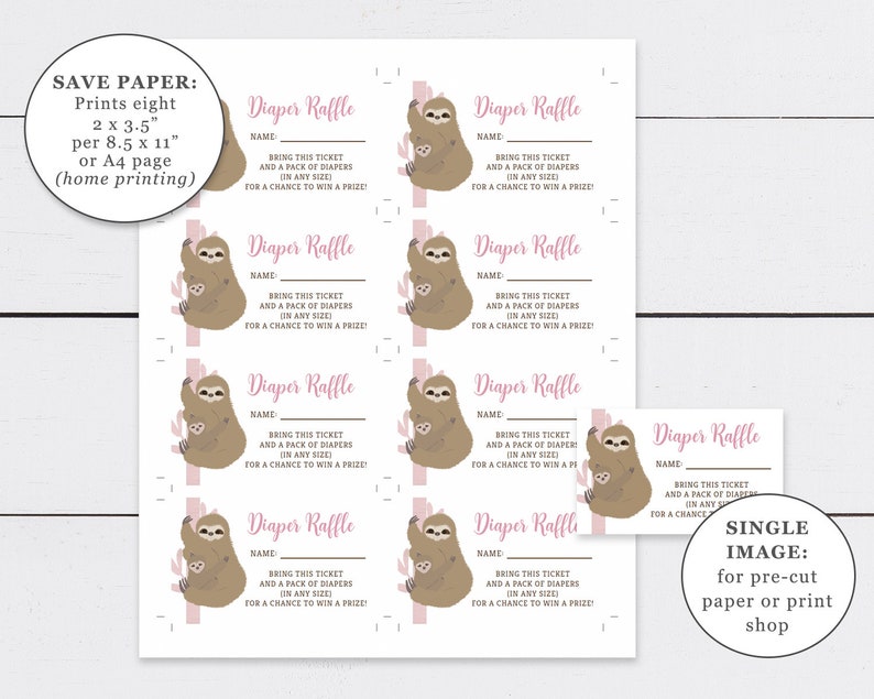Sloth Diaper Raffle Ticket Template Pink and White 2x3.5" DIY Printable ...