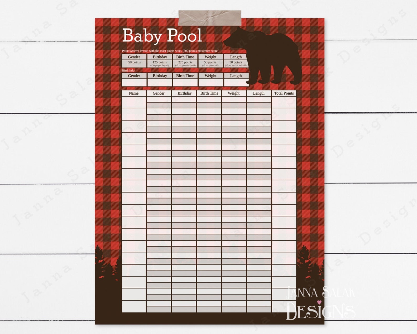 Baby Pool Birth Prediction Printable Poster Sign Template Lumberjack ...