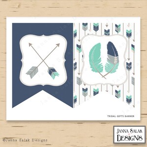 Printable Gifts Banner Boho Tribal Arrows Feathers Blue Grey Teal DIY ...
