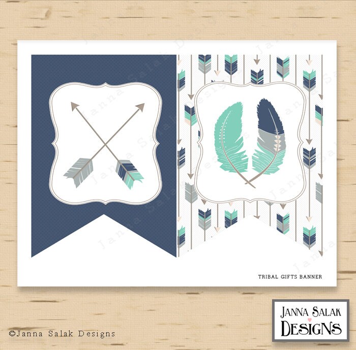 Printable Gifts Banner Boho Tribal Arrows Feathers Blue Grey Teal DIY ...