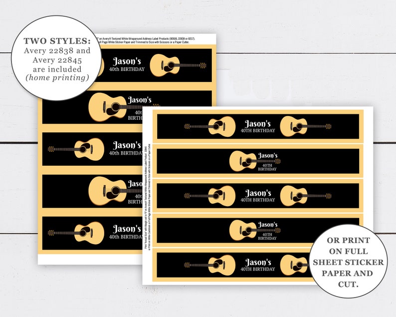 Guitar Water Bottle Labels Editable Text DIY Template Avery - Etsy