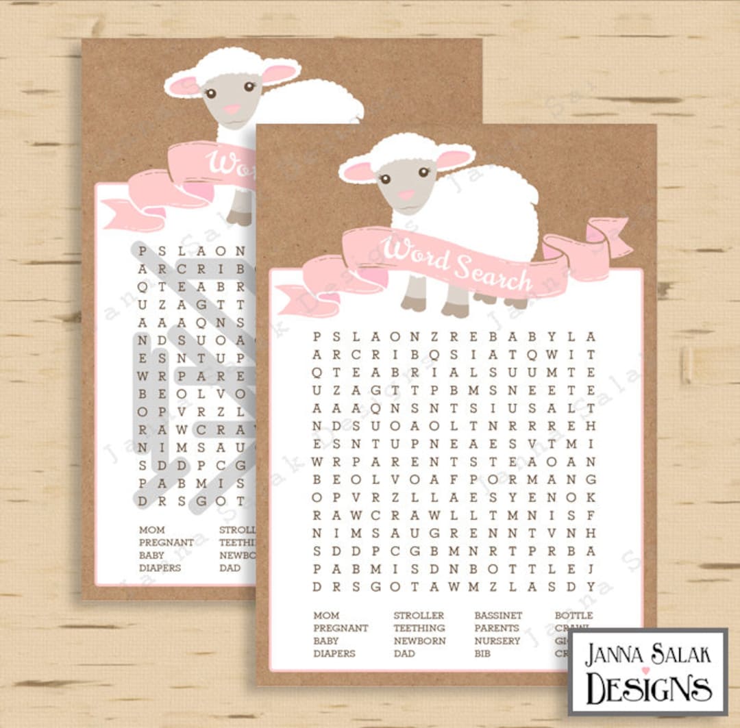 Little Lamb Word Search Baby Shower Game Party Pink DIY Printable ...