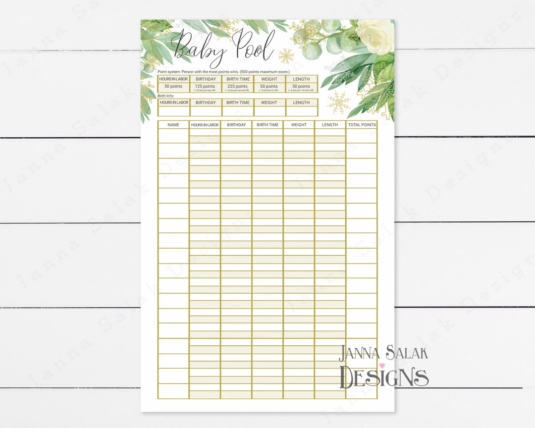 Printable Baby Shower Baby Pool Game Gold Snowflake Greenery Birth ...