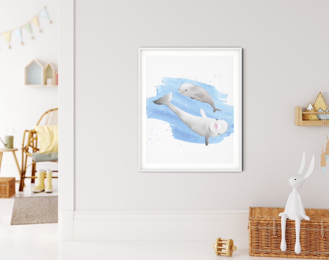 Beluga Mom and Baby Nursery Print Printable Blue Watercolor Belugas ...