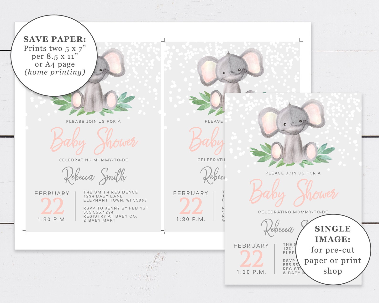 Elephant Baby Shower Invitation Template Girl Cute Watercolor | Etsy