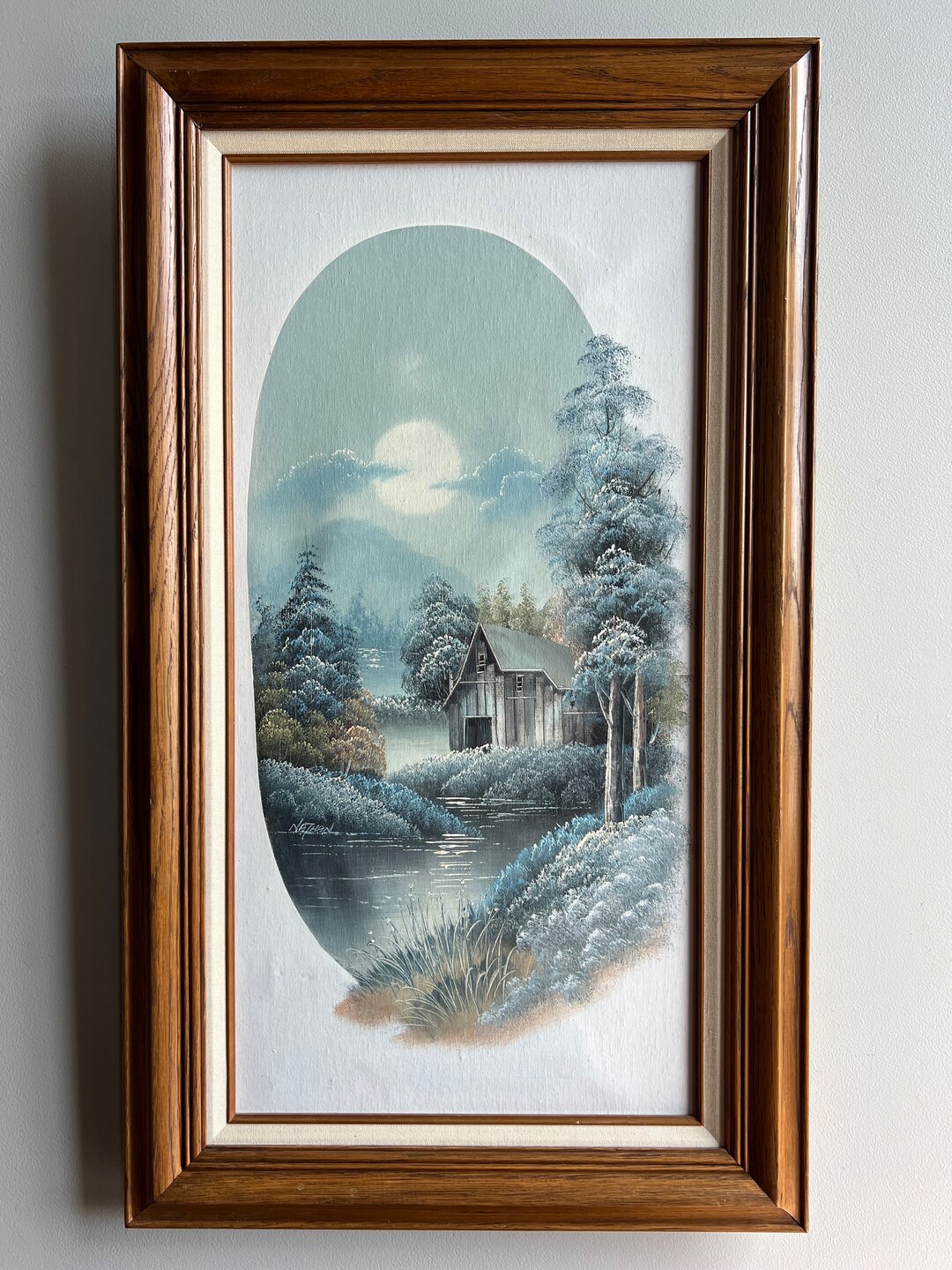 Vintage Rustic Homestead Oil Painting of a Winter Scene in Wooden Frame ...