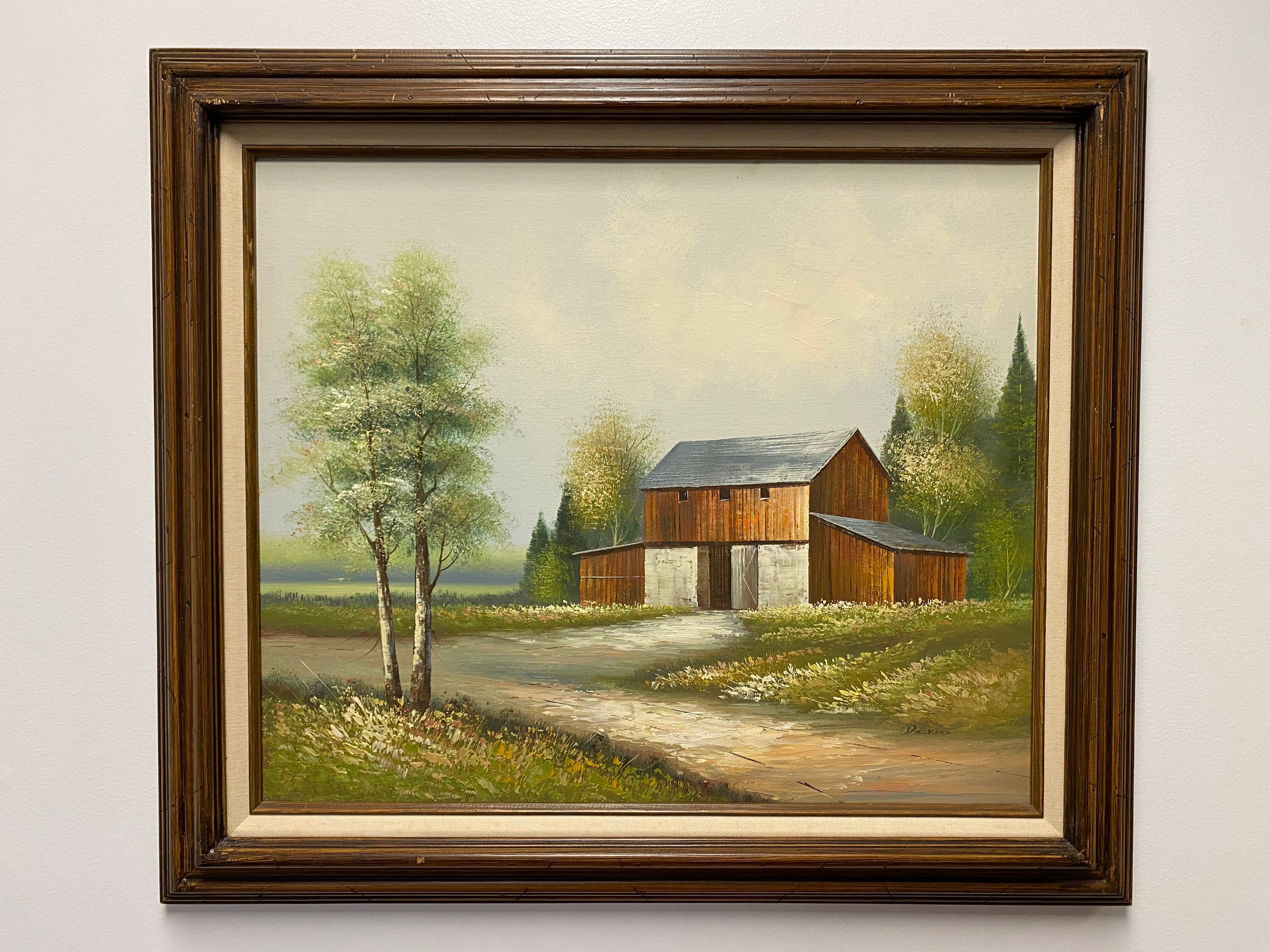 Vintage Spring Landscape Oil Painting of a Rustic Red Barn | Etsy