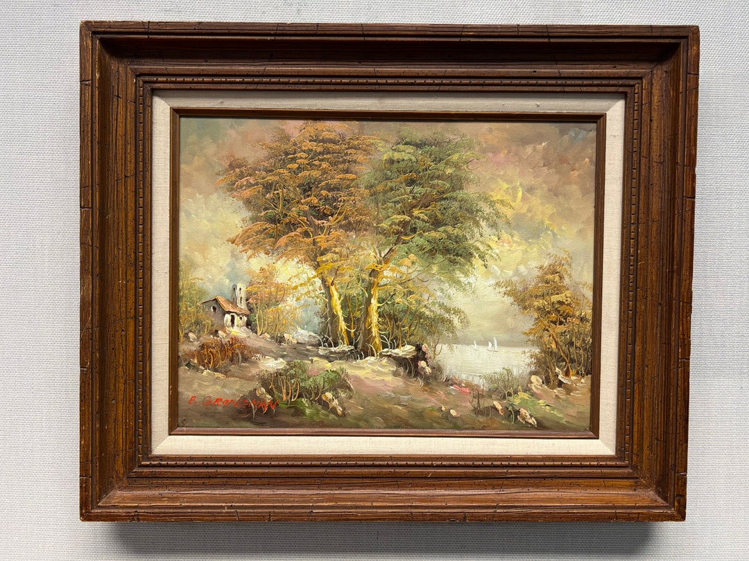 Vintage Rustic Village Oil Painting of a Summer Scene in Wooden Frame ...