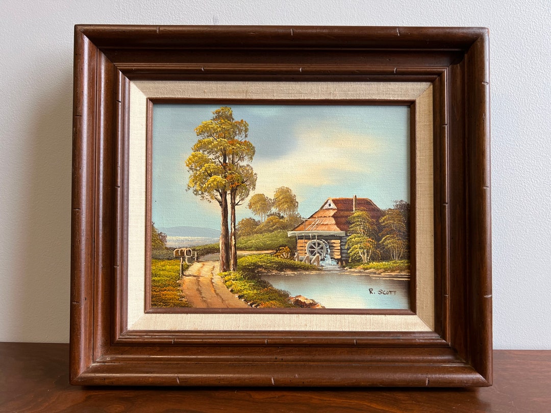 Vintage Summer Landscape Oil Painting of an Old Mill Scene in Wooden ...