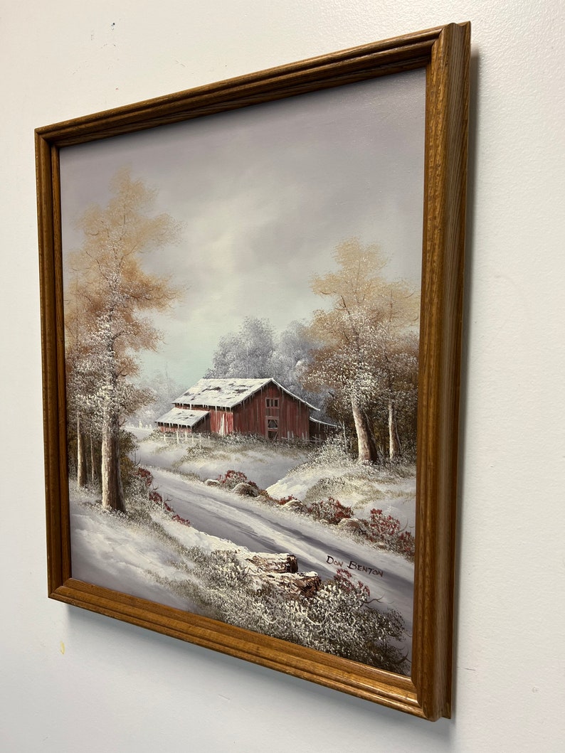 Vintage Rustic Barn Oil Painting of a Winter Scene in Wooden Frame ...