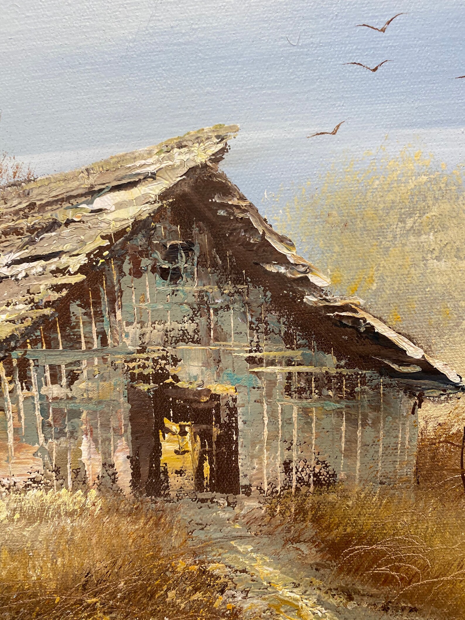 Vintage Rustic Barn Oil Painting of a Fall Scene in Wooden Frame Signed ...