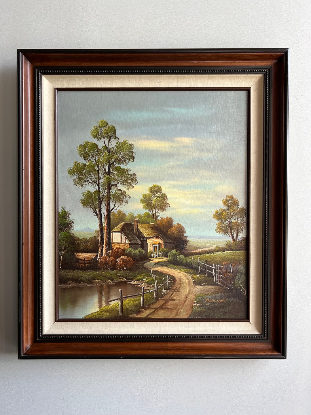Vintage Rustic Cottage Oil Painting of a Summer Scene in Wooden Frame ...