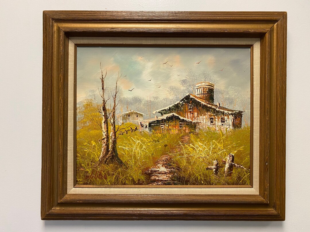 Vintage Rustic Homestead Oil Painting of a Summer Scene in Wooden Frame ...