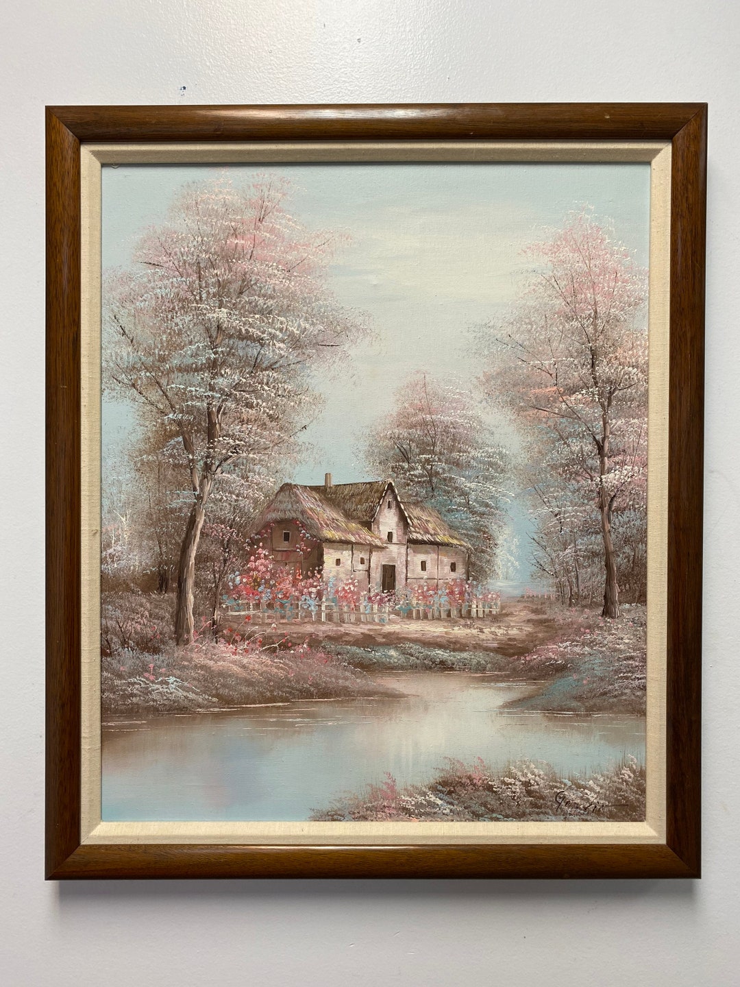 Vintage Rustic Cottage Oil Painting of a Country Scene in Wooden Frame ...