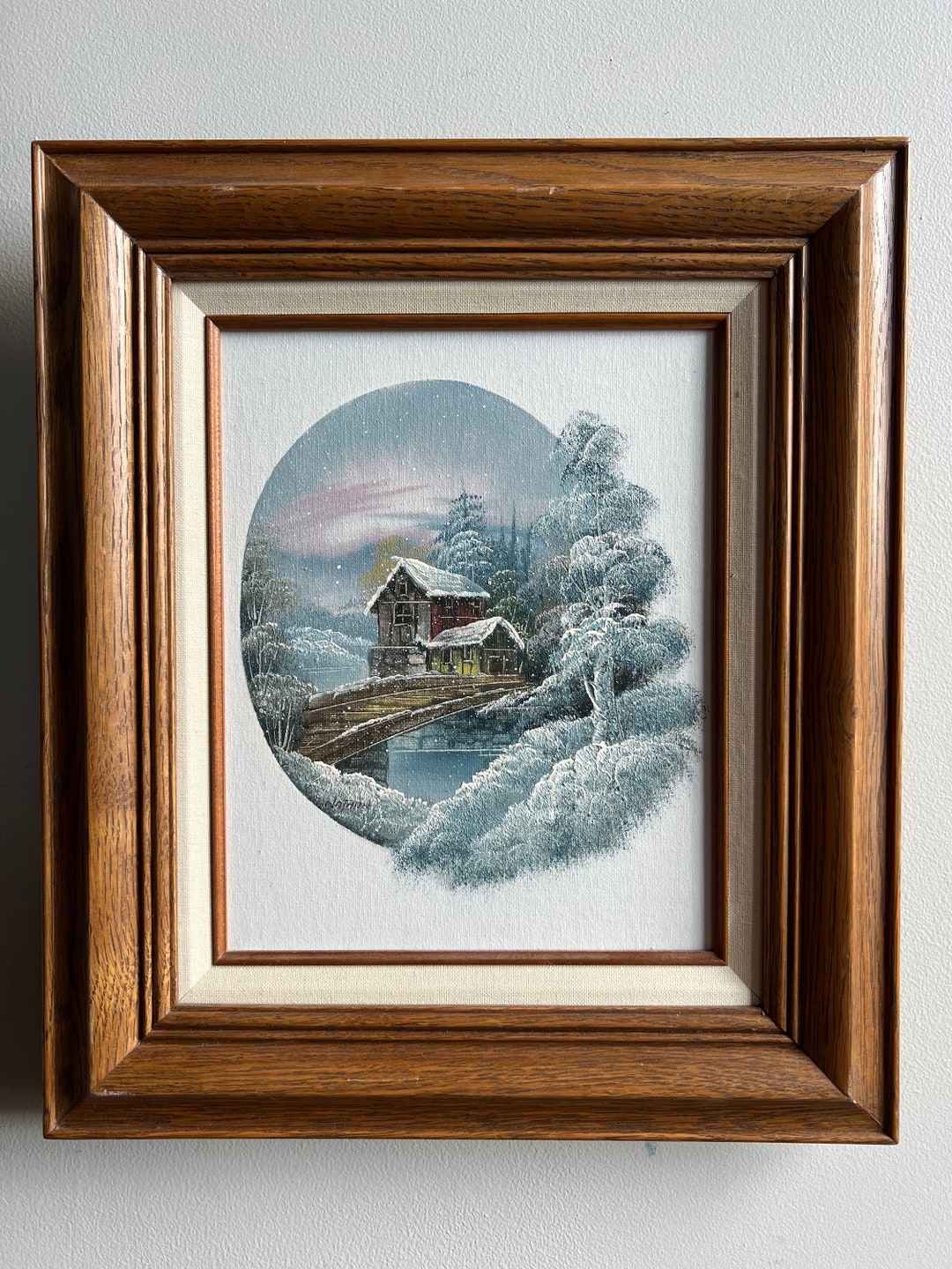 Vintage Rustic Homestead Oil Painting of a Winter Scene in Wooden Frame ...