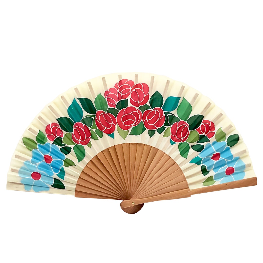 Silk Fan 23cm, Hand Painted Silk Fan, Roses Hand Painted Silk Fan, Silk ...