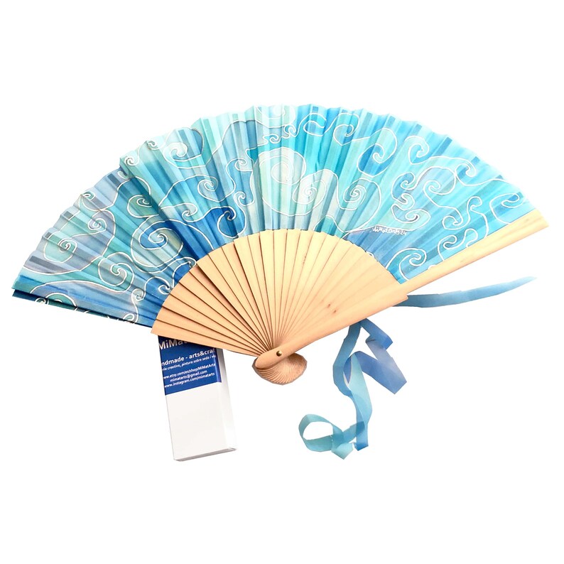 Mediterranean Silk Fan, Hand Painted Silk Fan, Sea Blue Silk Fan, Blue ...