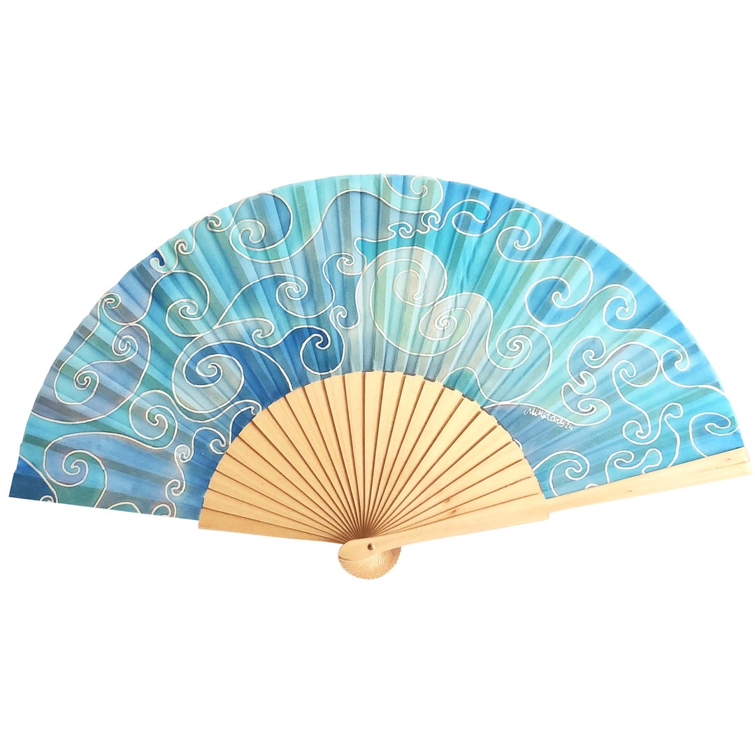 Mediterranean Silk Fan, Hand Painted Silk Fan, Sea Blue Silk Fan, Blue ...