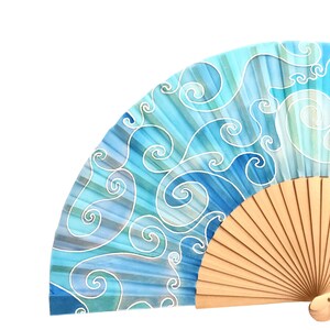 Mediterranean Silk Fan, Hand Painted Silk Fan, Sea Blue Silk Fan, Blue ...