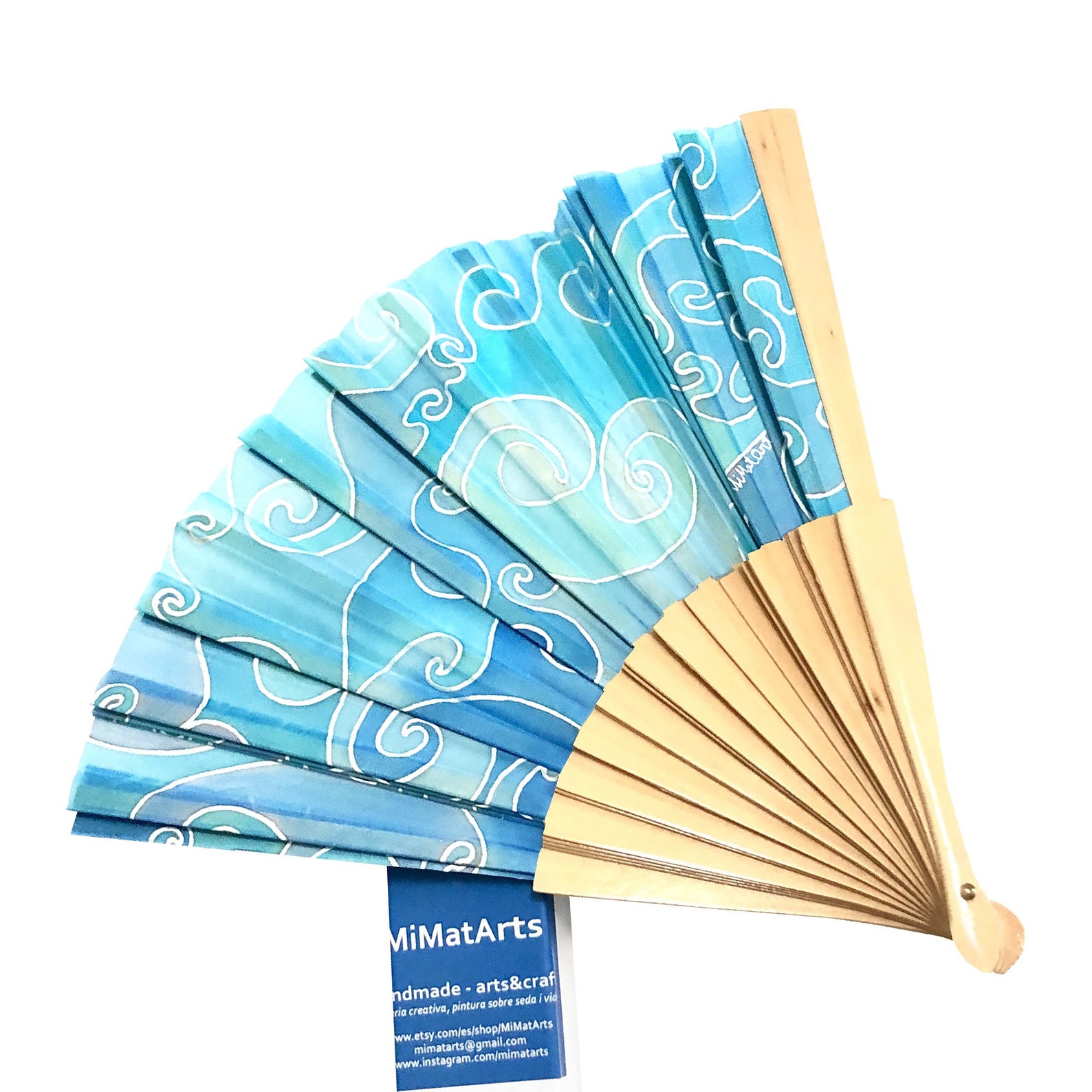 Mediterranean Silk Fan, Hand Painted Silk Fan, Sea Blue Silk Fan, Blue ...
