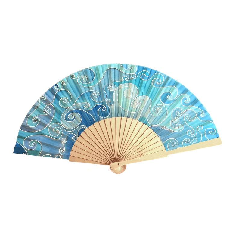 Mediterranean Silk Fan, Hand Painted Silk Fan, Sea Blue Silk Fan, Blue ...