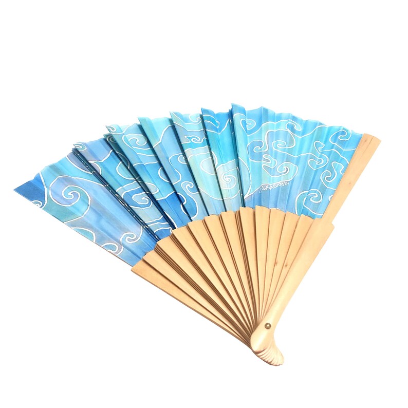 Mediterranean Silk Fan, Hand Painted Silk Fan, Sea Blue Silk Fan, Blue ...
